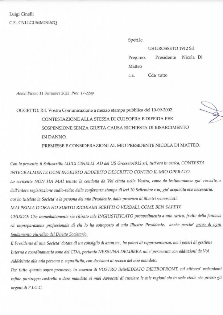 L’ad (sospeso) Cinelli replica all’Us Grosseto con una diffida e ...